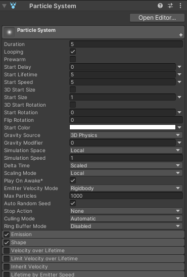 Komponent Unity Particle System w widoku inspektora.